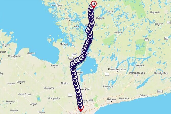 Smartphone Audio Driving Tour between Huntsville & Toronto - Route and Key Stops Breakdown