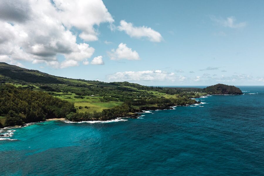 Aerial view of the lush green coastline near Hana Maui Hawaii