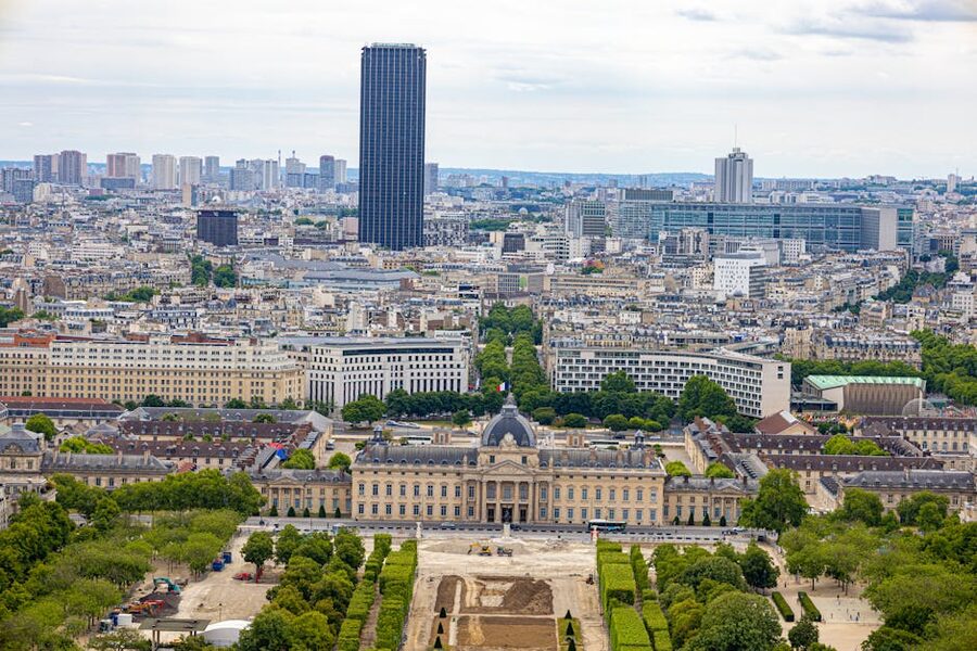 Aerial view of Ecole Militaire and Montparnasse Tower Paris