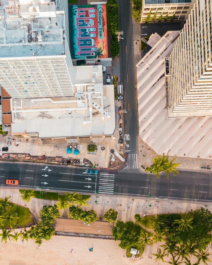Aerial view of urban Waikiki street with buildings