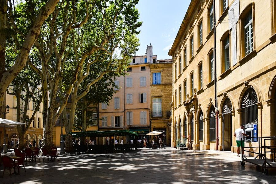 Sunny cobblestone street in Aix-en-Provence with platane trees