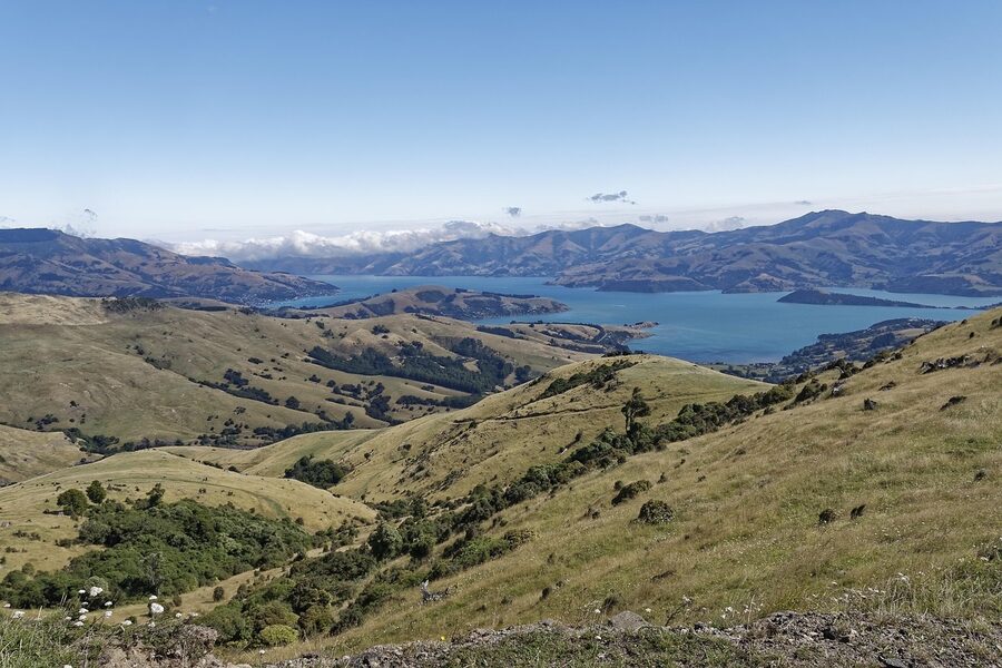 Akaroa Bay seen from above with calm blue water