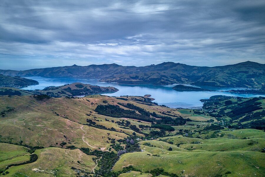 Aerial view of Akaroa harbour from above