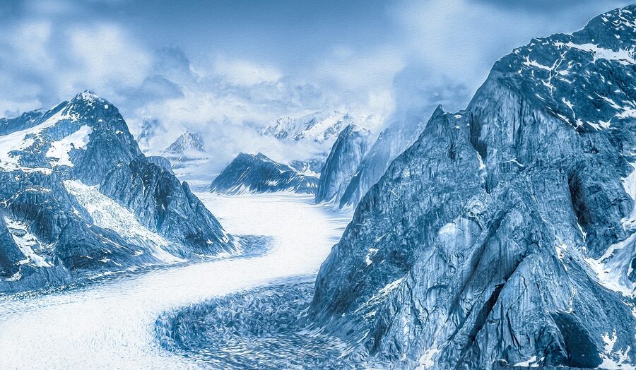 Alaska glacier in winter with snow and mountains