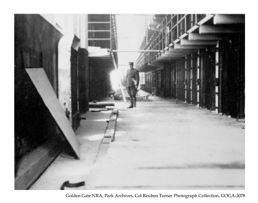 Black and white photo of Alcatraz cell house under construction circa 1912