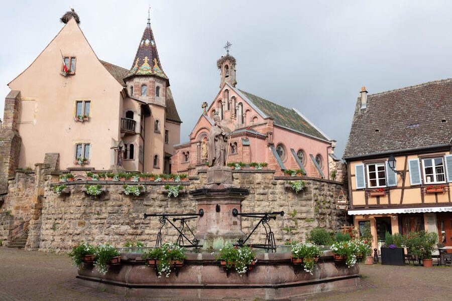 Eguisheim Saint Leon Square historic Alsatian buildings
