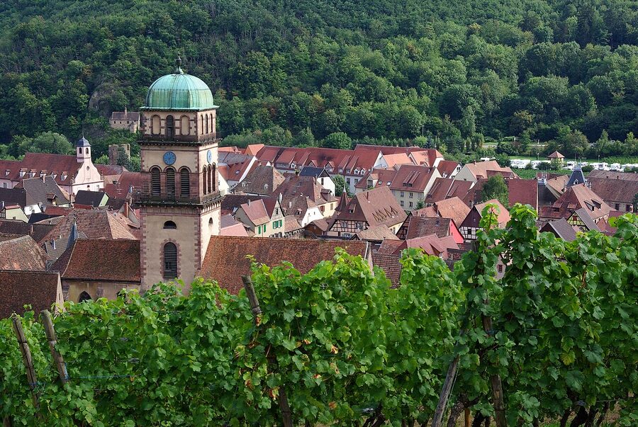Kaysersberg church bell tower vineyards Alsace