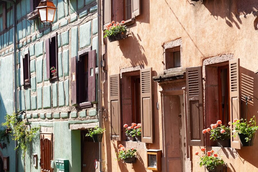 Riquewihr half-timbered houses with flower boxes Alsace