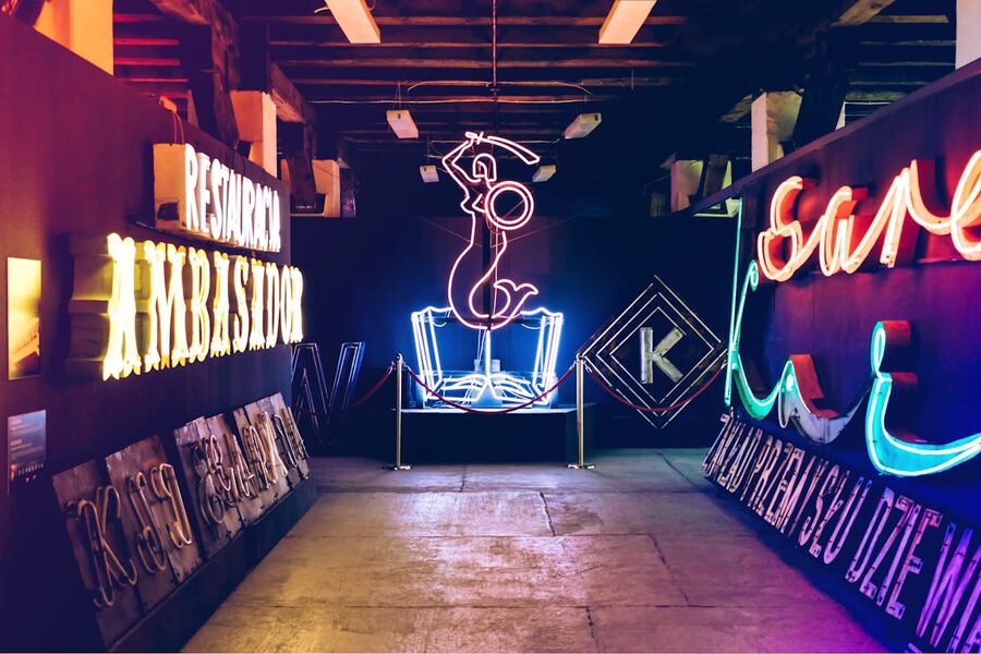 Colorful neon lights in indoor museum setting artistic shapes