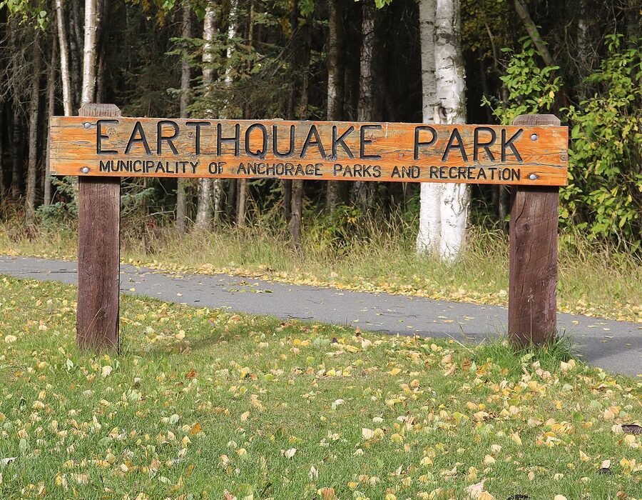 Earthquake Park sign explaining the 1964 Good Friday earthquake