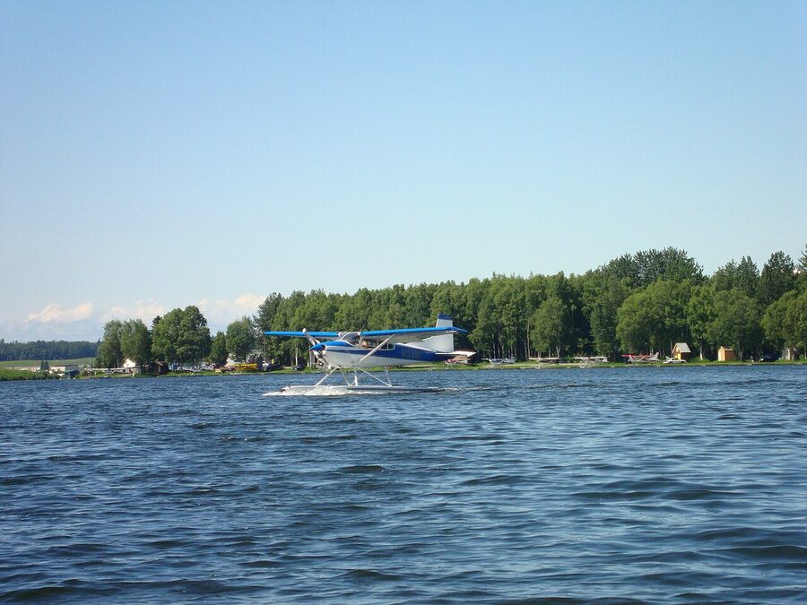 Lake Hood Seaplane Base Anchorage with floatplanes lined up on dock