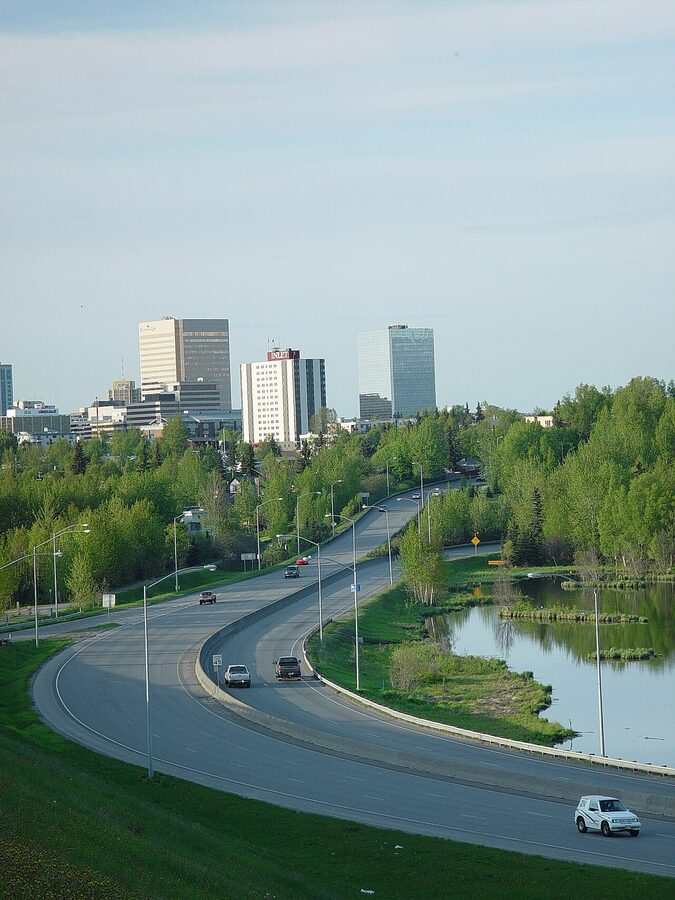 Downtown Anchorage viewed across Westchester Lagoon