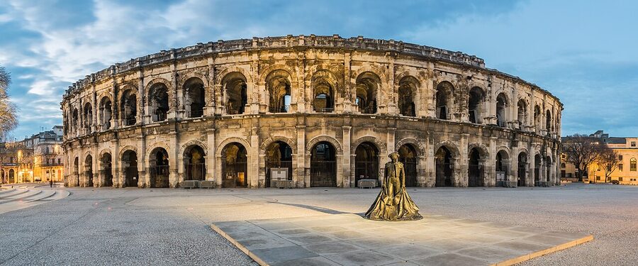 Arenes de Nimes exterior view of two-tier Roman arches