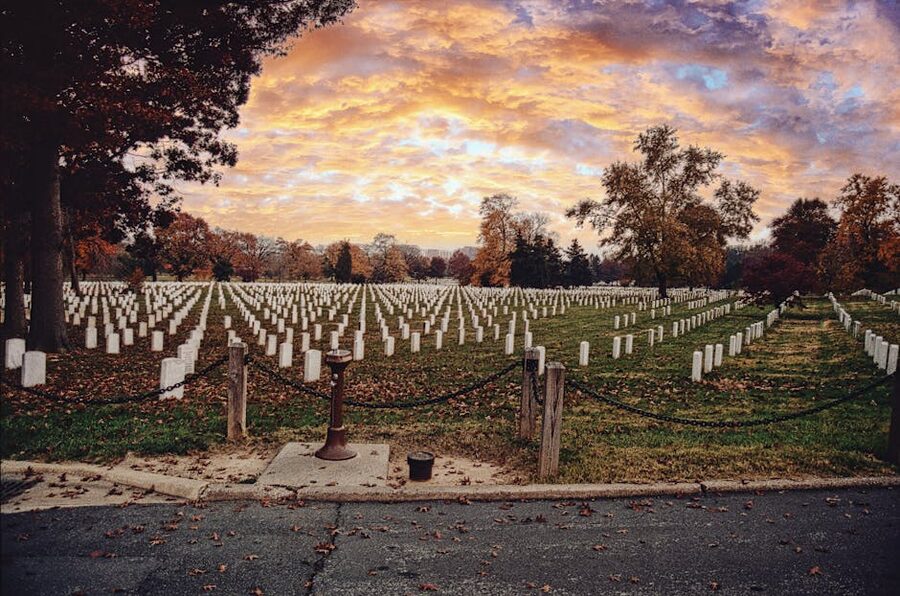 Arlington National Cemetery autumn sunrise headstones