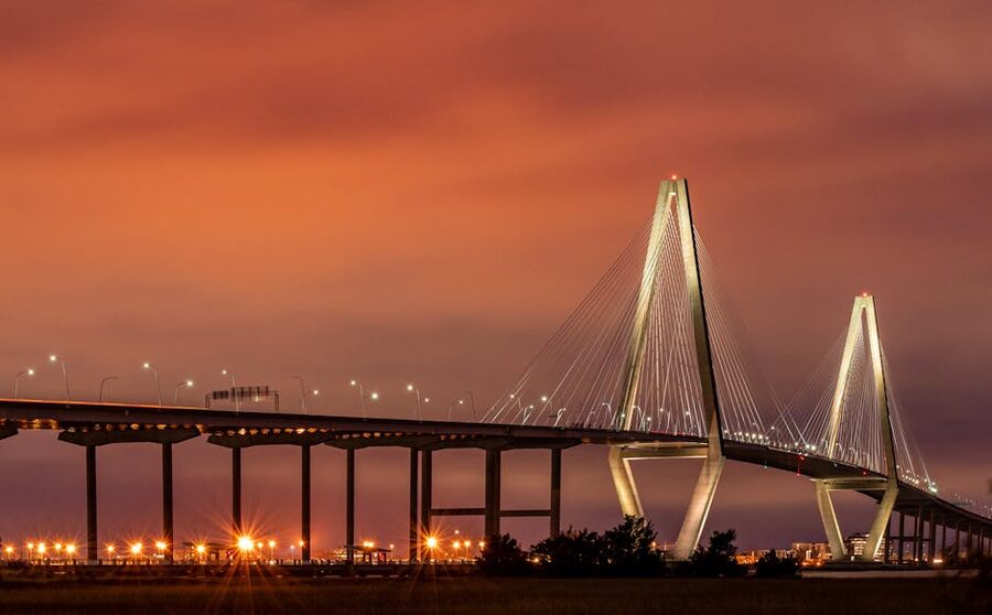 Arthur Ravenel Jr Bridge Charleston at sunset over the harbor