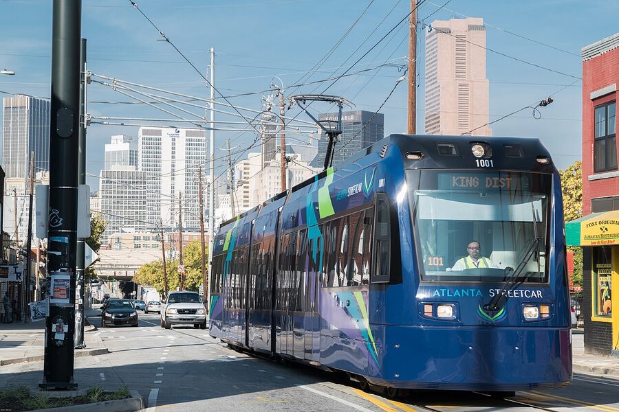Atlanta Streetcar on a mid-morning run heading east on Edgewood Avenue