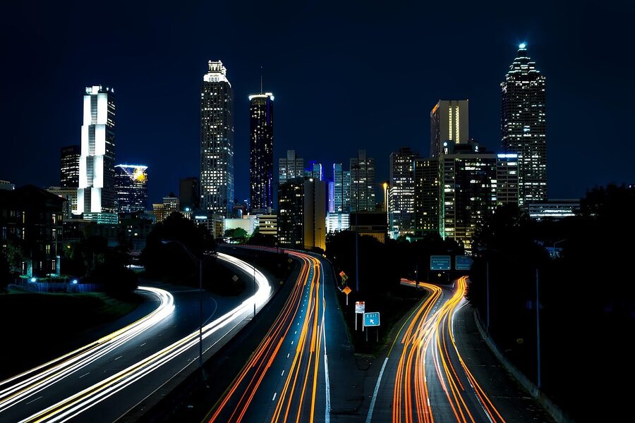 Downtown Atlanta at night with city lights and skyscrapers