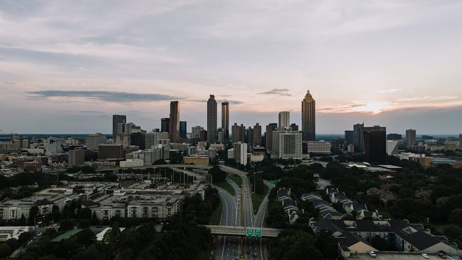 Atlanta skyline at dusk aerial view
