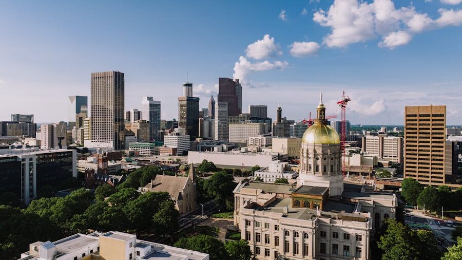 Aerial view of the Atlanta skyline with the Georgia State Capitol visible