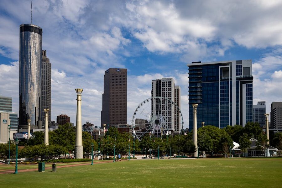 Atlanta SkyView Ferris wheel and skyline with skyscrapers