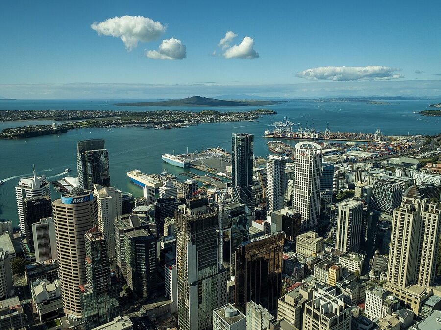 Auckland CBD and Rangitoto Island from Sky Tower observation deck