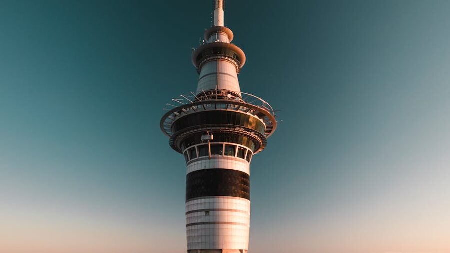 Auckland Sky Tower against a clear blue sky