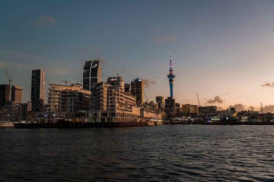 Auckland Sky Tower at dusk skyline view