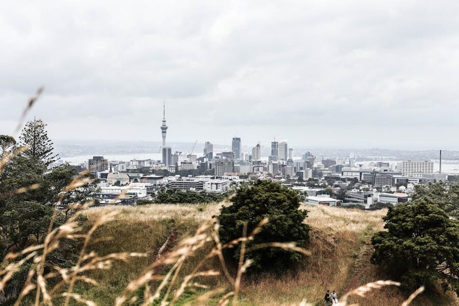 Auckland Sky Tower seen from Mount Eden cloudy day before tour