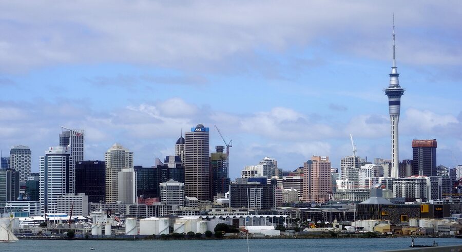 Auckland Sky Tower above the port skyline