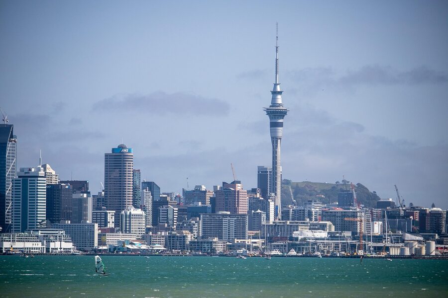 Auckland Sky Tower from the harbour with windsurfer