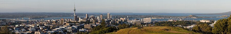 Auckland panorama from Mt Eden with Harbour Bridge background