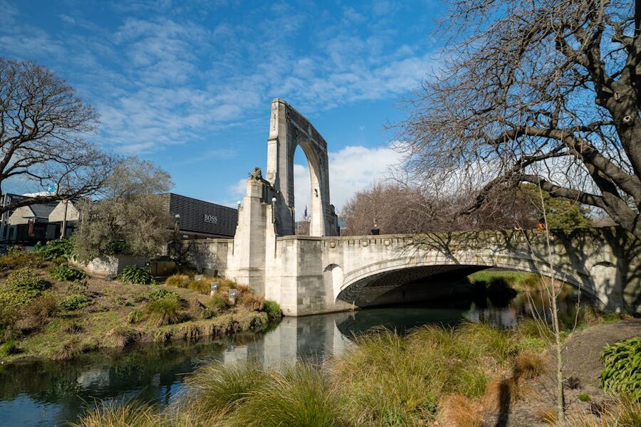 The Avon River and the Bridge of Remembrance in central Christchurch