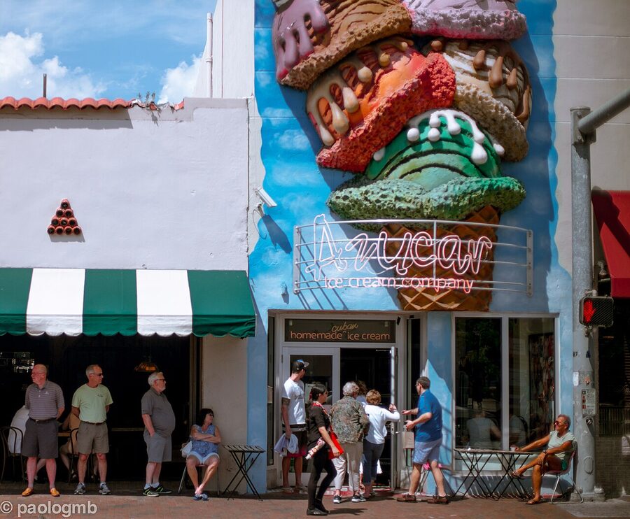 Pink awning of Azucar Ice Cream Company on Calle Ocho Little Havana