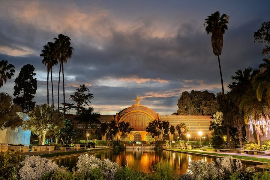 Balboa Park Botanical Building at sunset with reflecting pool