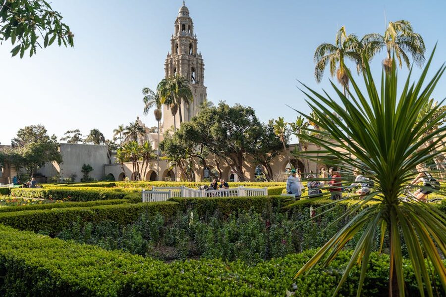 Church surrounded by trees at Balboa Park