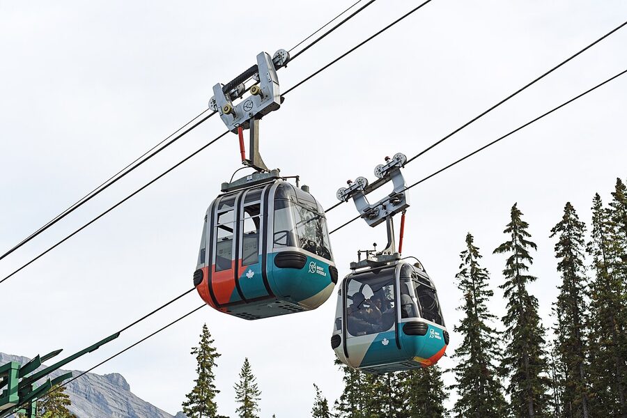 Banff Gondola cabin mid-ascent on Sulphur Mountain cable