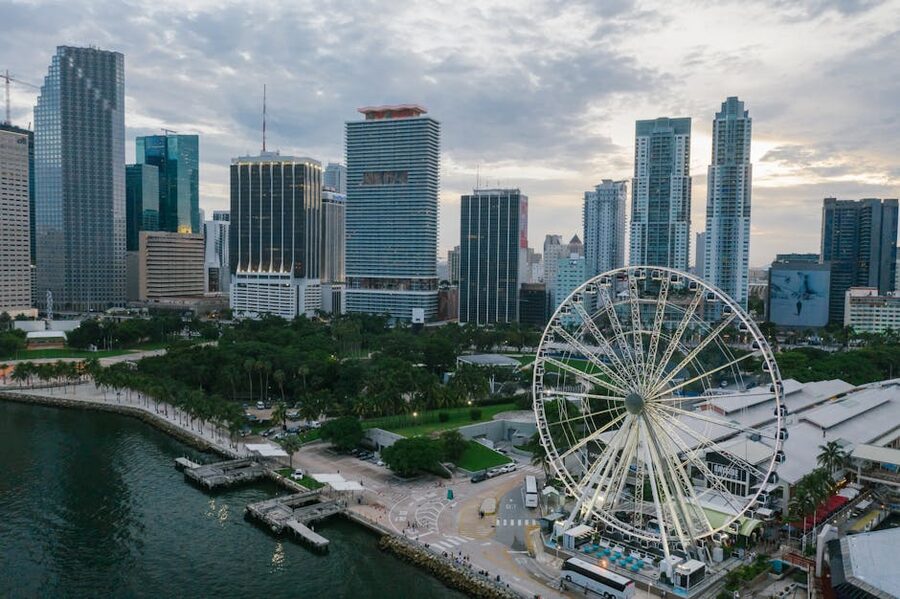 Aerial view of Miami with the Skyviews Ferris wheel at Bayside Marketplace