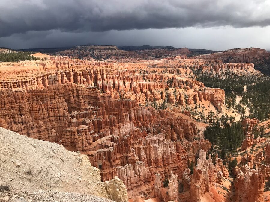Bryce Canyon hoodoos under dramatic stormy sky