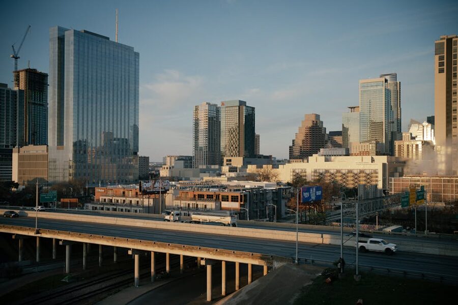 Aerial view of downtown Austin at dusk