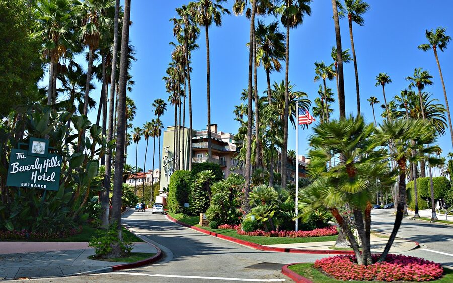 Beverly Hills Hotel pink exterior with palms