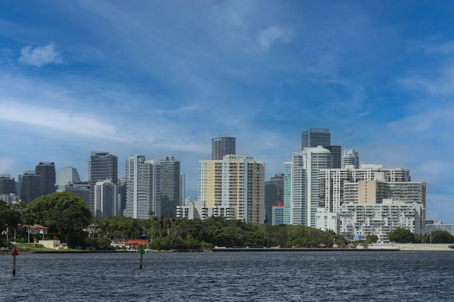Miami skyline across Biscayne Bay from the water