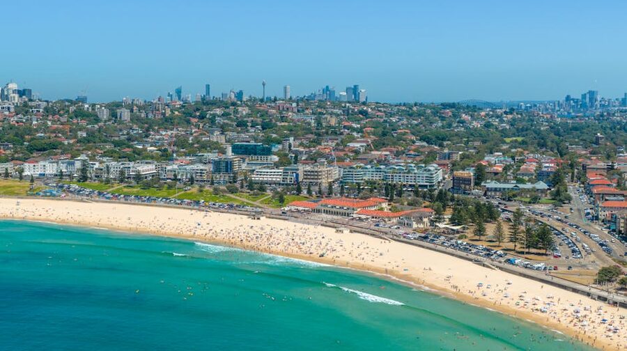 Bondi Beach aerial view of coastline and city