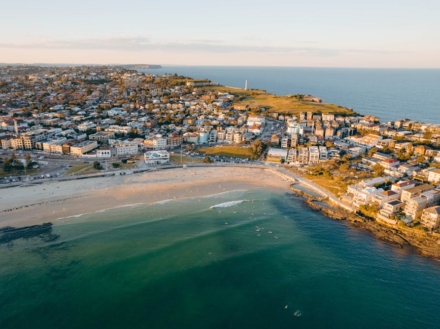 Bondi Beach Sydney aerial at sunrise
