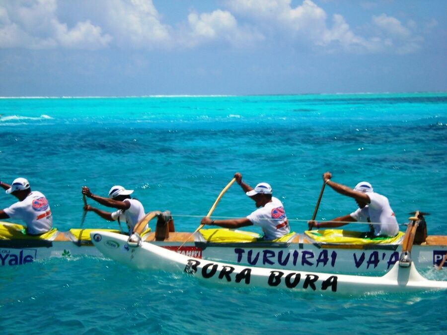 Polynesian outrigger canoe (va'a) on the water in French Polynesia
