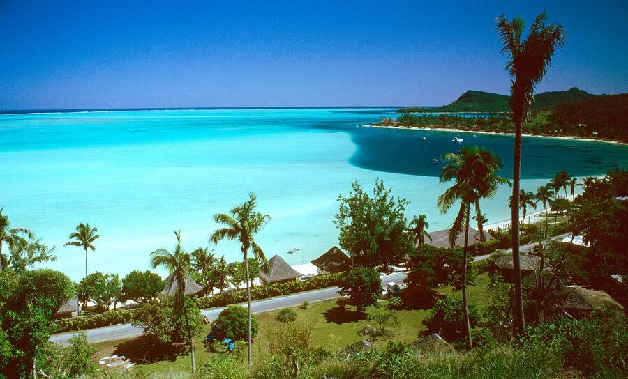 Matira Beach Bora Bora with shallow turquoise water