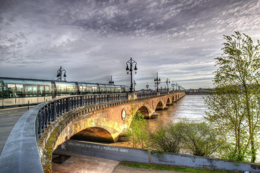 Bordeaux Pont de Pierre stone bridge tram crossing the Garonne