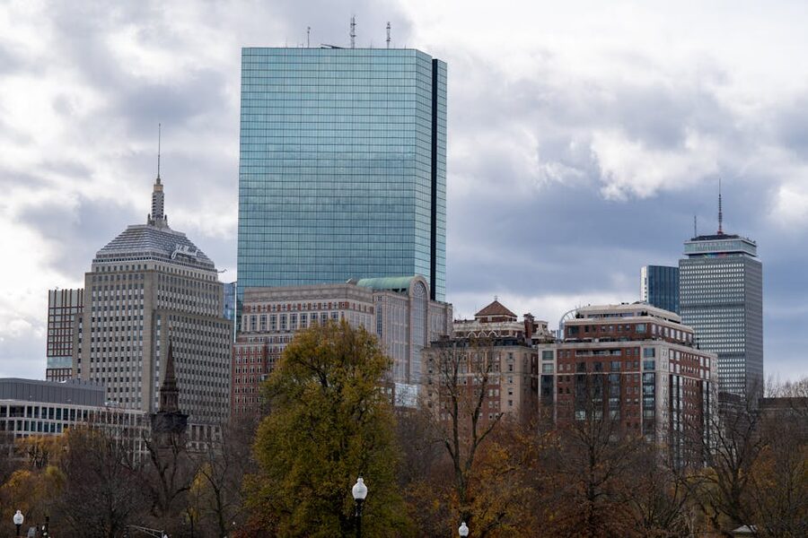 Boston skyline in autumn with fall colors