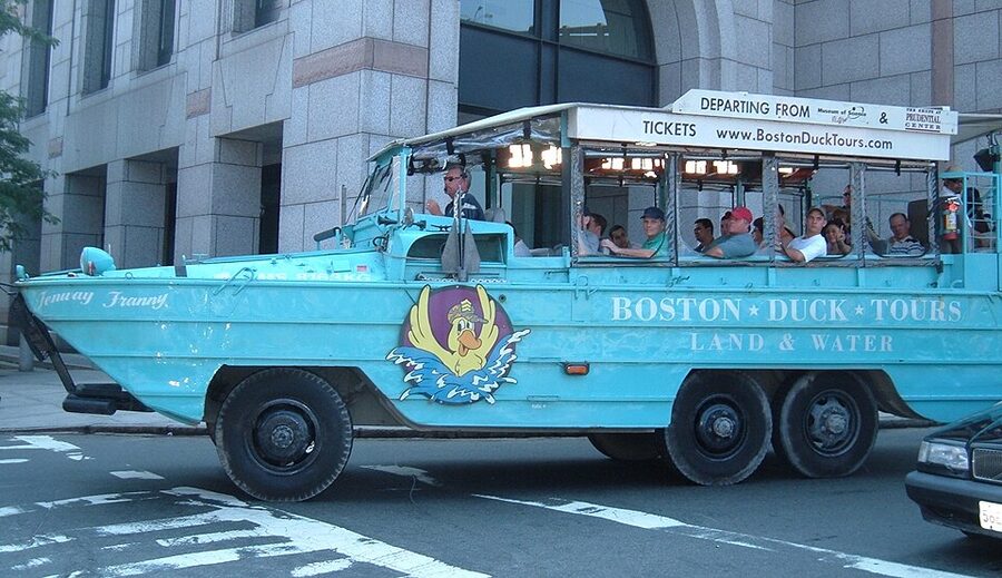 Boston Duck Tour DUKW passing a historic building