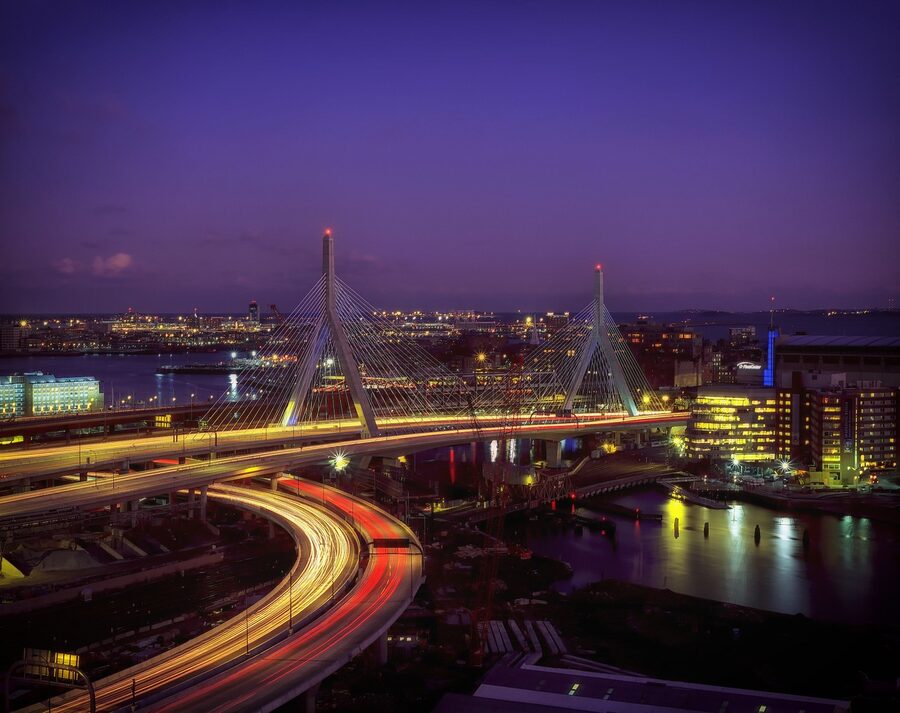 Zakim Bunker Hill Bridge Boston lit up at night