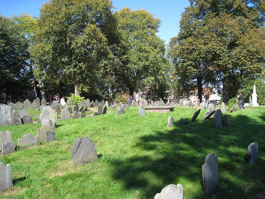 Copp's Hill Burying Ground in the North End of Boston, slate headstones on a hillside